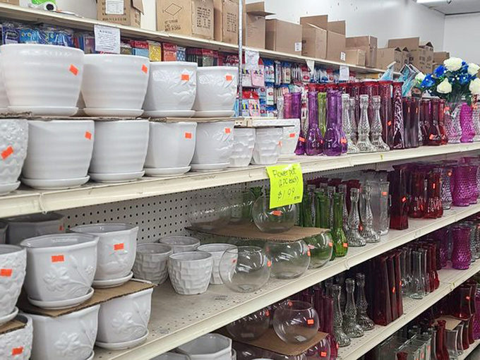 White ceramic planters that scream "Pinterest-worthy home" line the shelves alongside colorful glassware. Instant home makeover, just add water and perhaps a succulent.