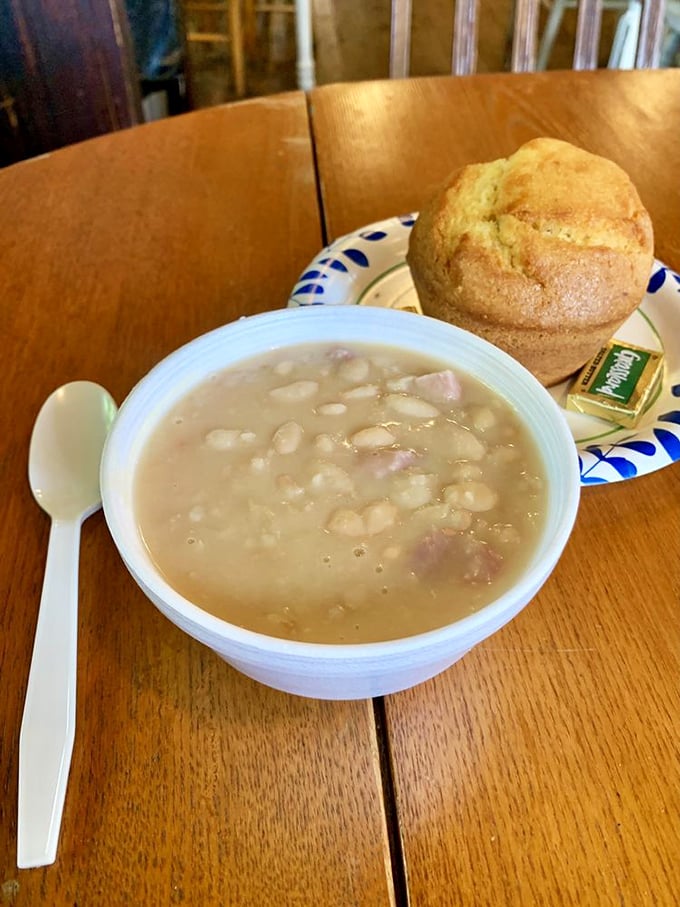 Ham and beans with a cornbread muffin—the culinary equivalent of your grandmother's hug on a plate.