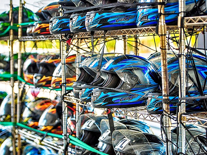 The wall of helmets&mdash;where safety meets style. Choose your head protection wisely; the right helmet adds at least 5 horsepower&hellip; psychologically speaking.