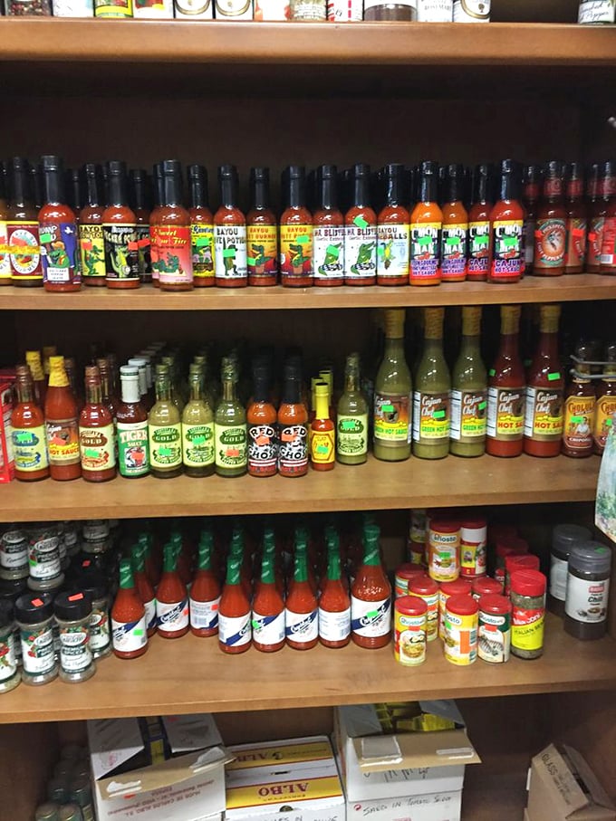 The hot sauce collection isn't for the sandwich&mdash;that's perfect as is&mdash;but speaks to the grocery's roots as a neighborhood Italian market serving every need.
