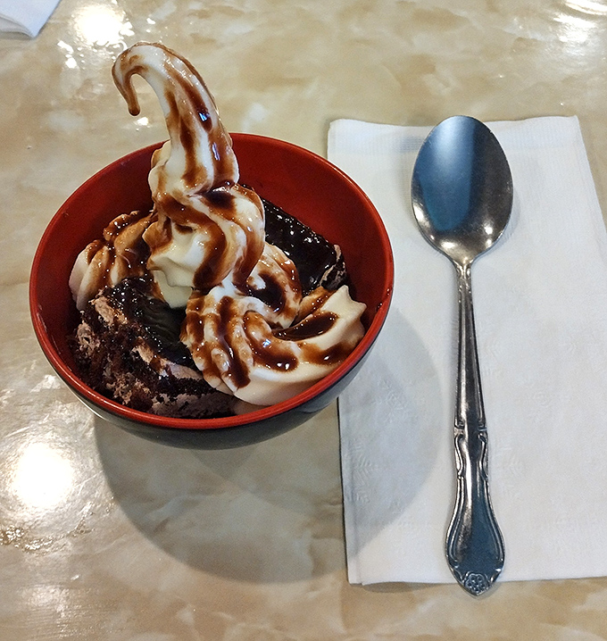 Ice cream with hot fudge &ndash; the traditional buffet finale that whispers, "You're full, but I'm worth making room for."