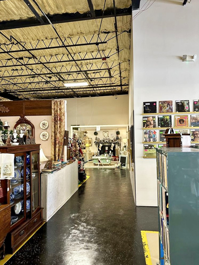 The classic red Chevy parked outside seems to stand guard, a perfect ambassador for the vintage treasures housed within these walls.