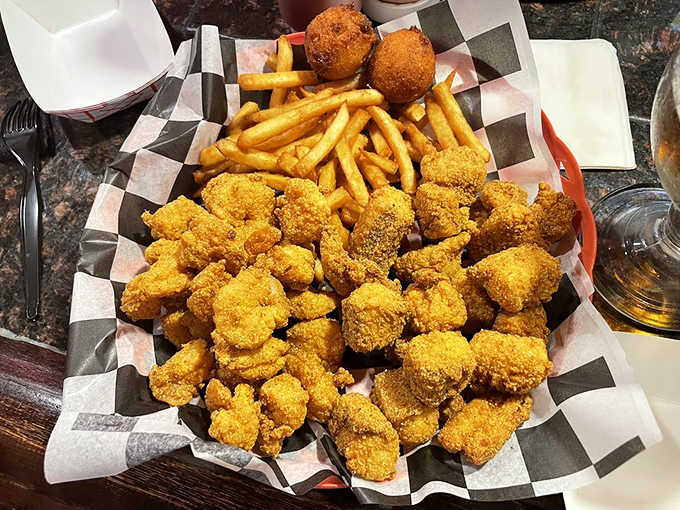 Jumbo shrimp and catfish with crispy hush puppies and tangy coleslaw&mdash;proof that Missouri understands seafood better than coastal elites might think.