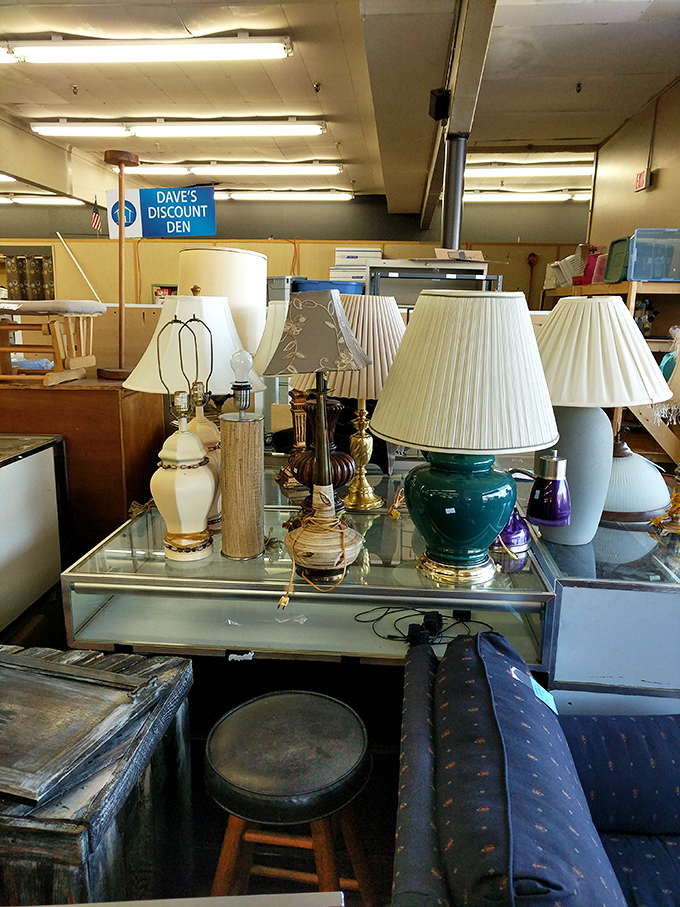 The architectural wooden beams create a cathedral-like ceiling above this treasure trove, as if paying proper respect to the art of thrifting.