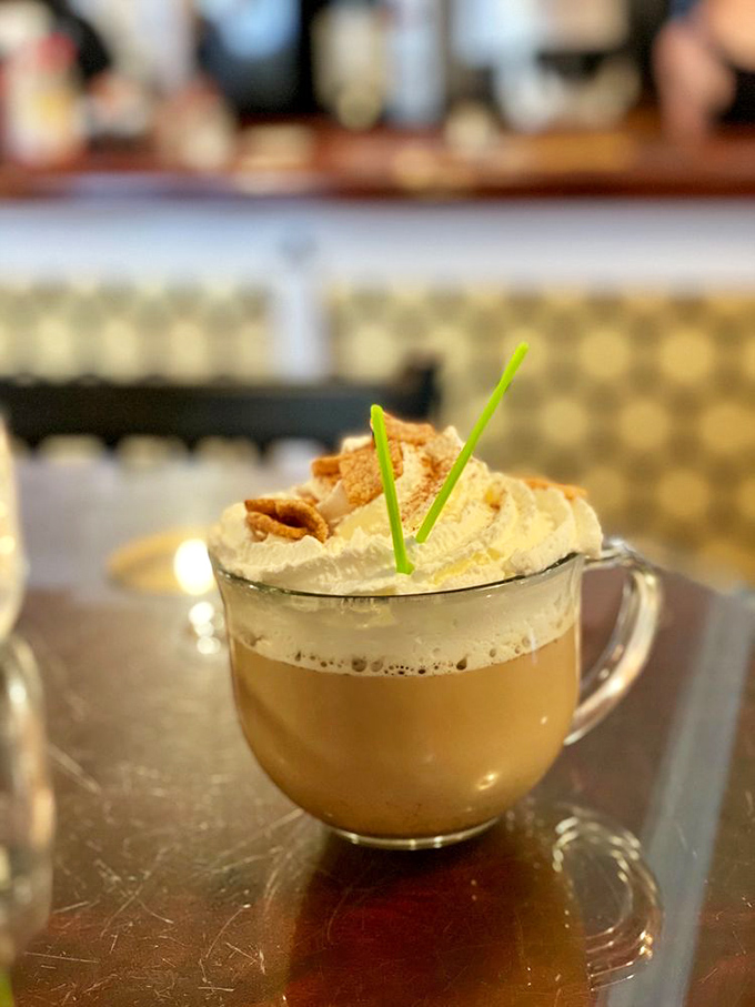 Coffee elevated to dessert status without apology. That whipped cream mountain with cinnamon crunch makes Monday mornings bearable again.
