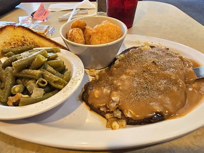Comfort food that doesn't care about your Instagram feed&mdash;just your soul. Green beans, crispy nuggets, and gravy-smothered goodness that reminds you what real food tastes like.