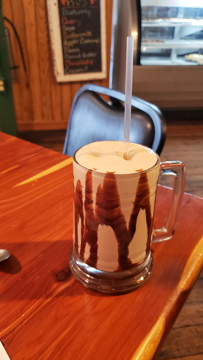 This chocolate shake isn't trying to be Instagram-famous &ndash; it's the real deal, thick enough for a spoon and served in a frosty mug.