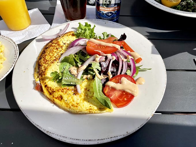 This isn't just an omelet; it's a garden-fresh masterpiece folded into egg perfection with a side salad for those who appreciate balance.