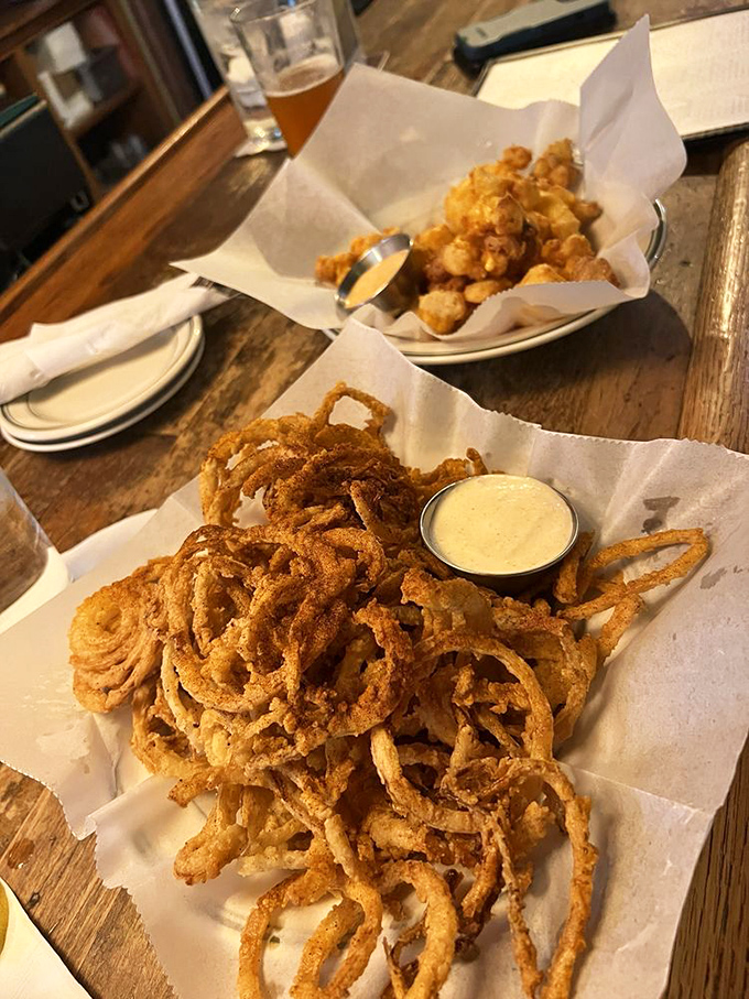 Onion strings so perfectly fried they make you wonder why onion rings get all the glory. 