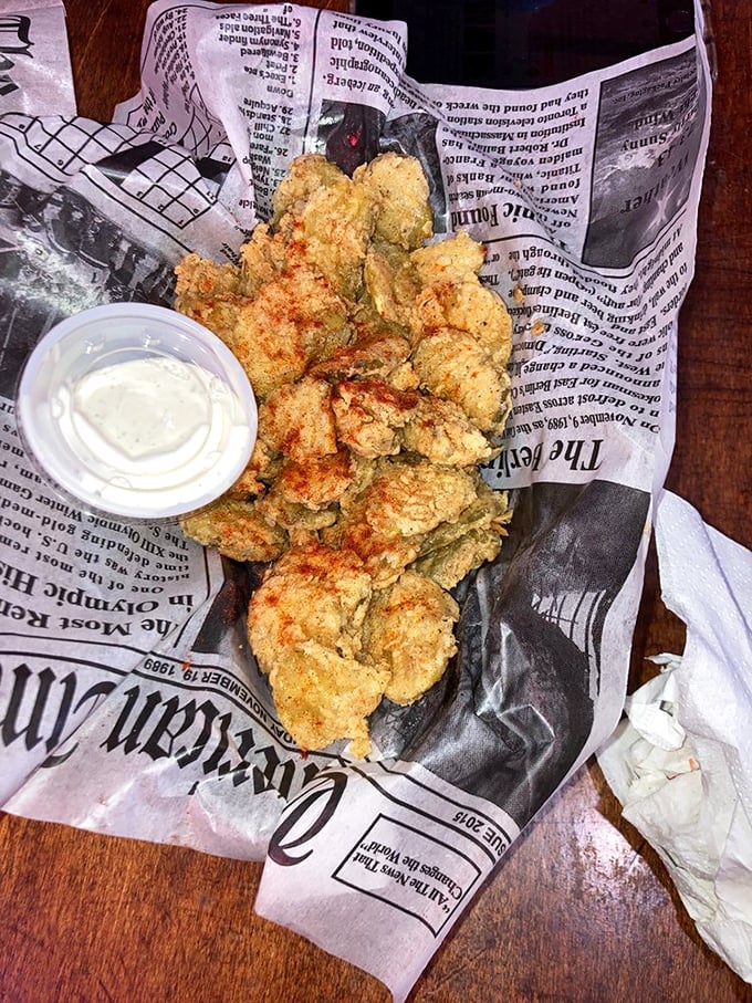 Pickle chips fried to golden perfection &ndash; a Southern bar snack elevated to art form, served with a side of cool ranch for dipping.