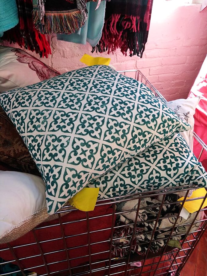 Pattern play at its finest. This geometric cushion could be the missing piece in your living room puzzle—stylish design at thrift store prices.