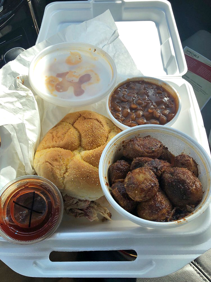 A styrofoam container never held such nobility. Pulled chicken, beans, and cornbread&mdash;the working person's royal feast.