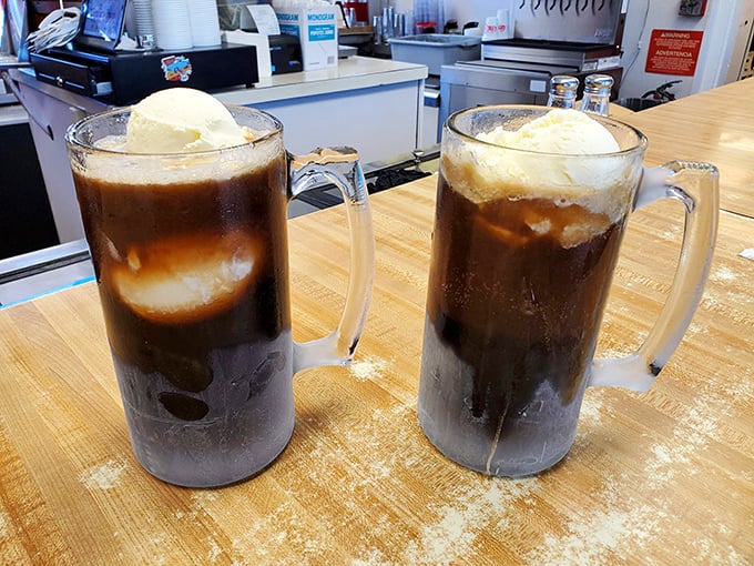 Root beer floats served in mugs that could double as weight-training equipment. The brain freeze is worth every spoonful.
