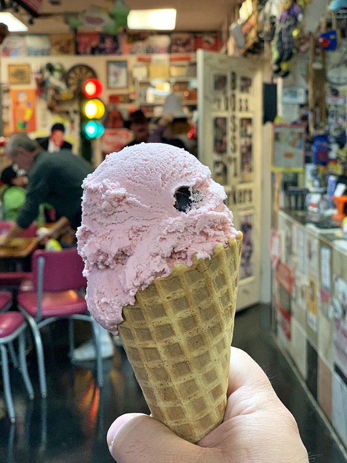 Rum black cherry ice cream that's practically wearing a cocktail dress. The swirls of deep red against that chocolate base are practically hypnotic.