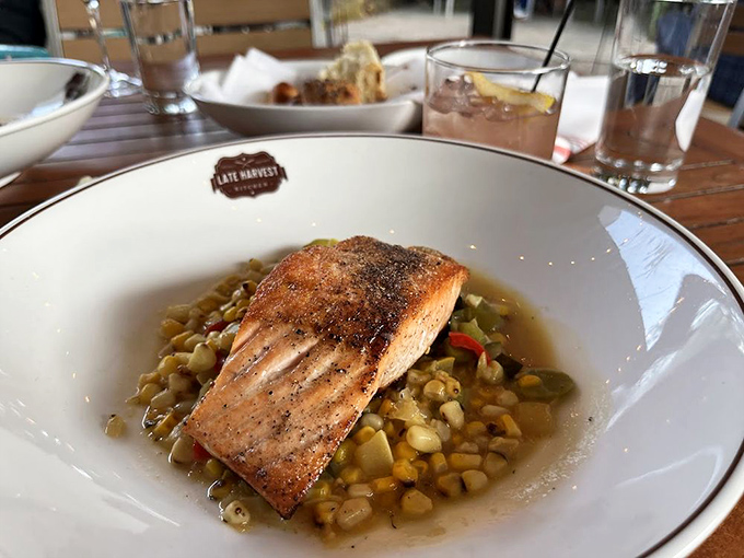 Perfectly seared salmon resting atop a bed of fresh corn. The fish equivalent of finding the perfect sunny spot for an afternoon nap.