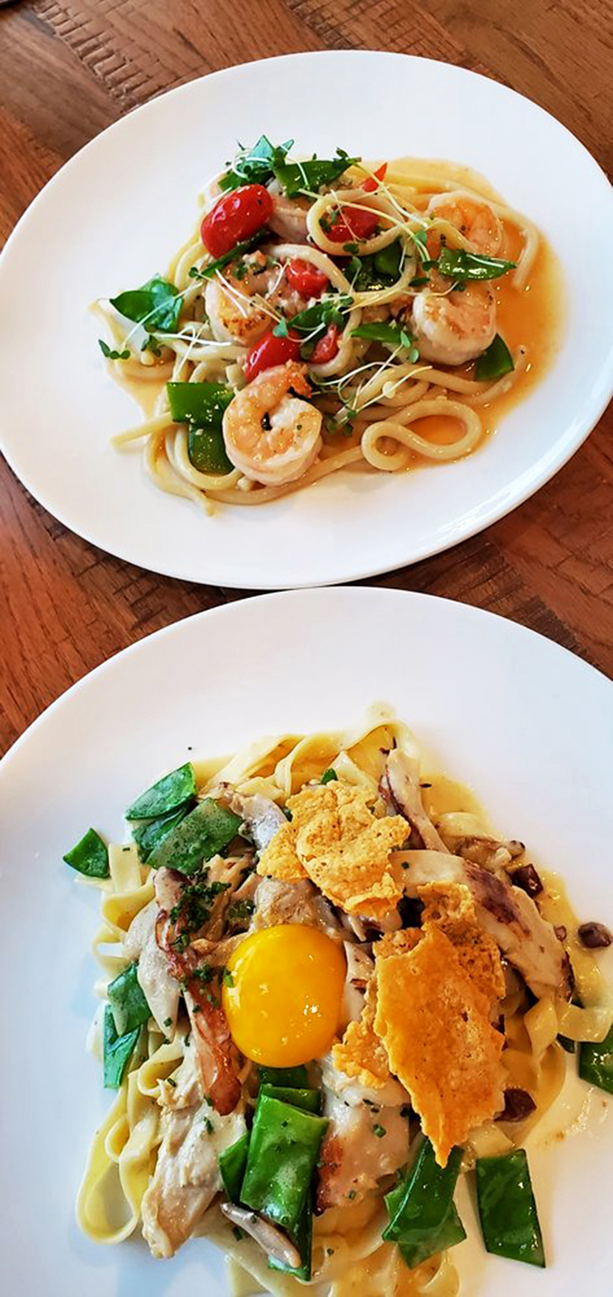 Pasta that doesn't just sit on the plate&mdash;it performs! Those shrimp look like they're doing synchronized swimming in a pool of buttery bliss.