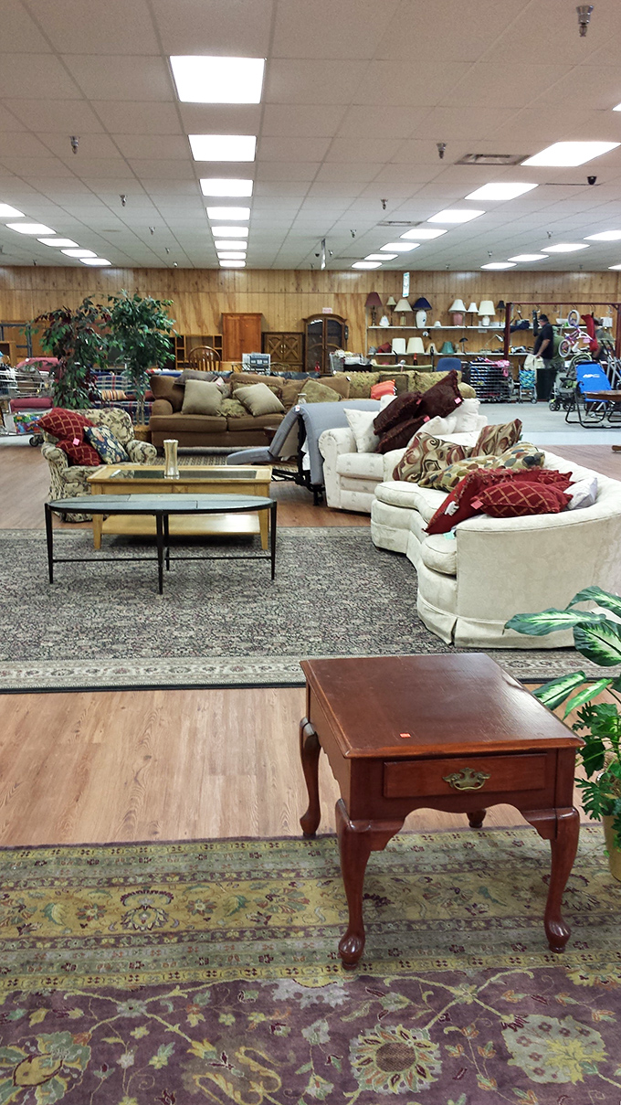 Couches arranged like a living room showroom, complete with coffee tables that have stories to tell—if only they could talk.