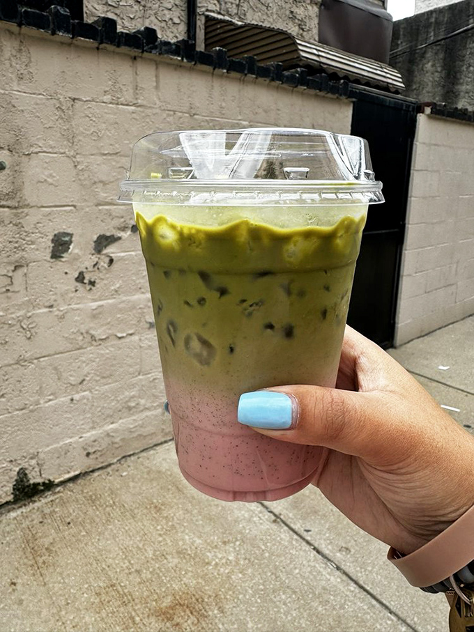 This two-toned matcha and strawberry creation isn't just a drink&mdash;it's a fashion statement in a cup. 