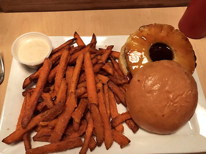 Sweet meets savory in this Hawaiian-inspired creation. That pineapple ring isn't just decoration&mdash;it's changing the burger paradigm one juicy bite at a time.