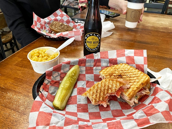 When mac and cheese joins forces with a perfectly grilled sandwich, you've got comfort food squared. The pickle provides the necessary counterpoint.