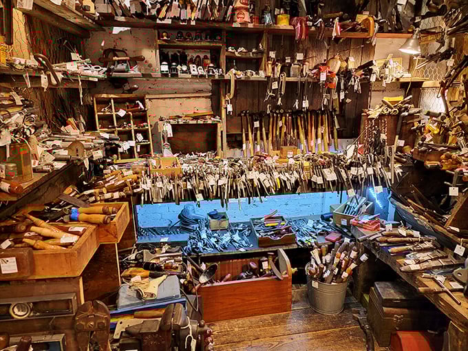 Tool heaven! This workshop corner houses enough vintage implements to build a cabin, fix a Model T, or start your own historical museum.