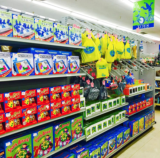 Board game paradise! From classic chess to Pathwords, this aisle promises family fun nights without the "download required" frustration of modern entertainment.