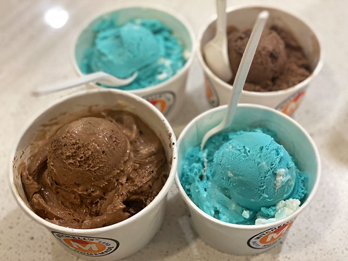 Blue ice cream that looks like it was scooped from a Caribbean lagoon. Chocolate so rich it should have its own tax bracket.