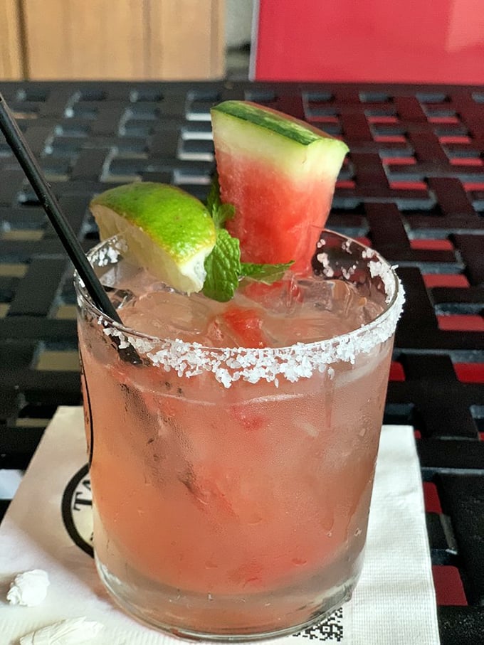 Not your average poolside sipper. This watermelon margarita with its salt rim and fresh garnish is summer in a glass.
