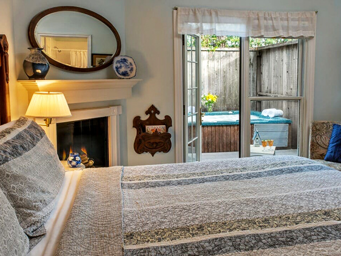 The Yesteryear room offers a fireplace view from bed—nature's television, but with better programming and zero commercials.