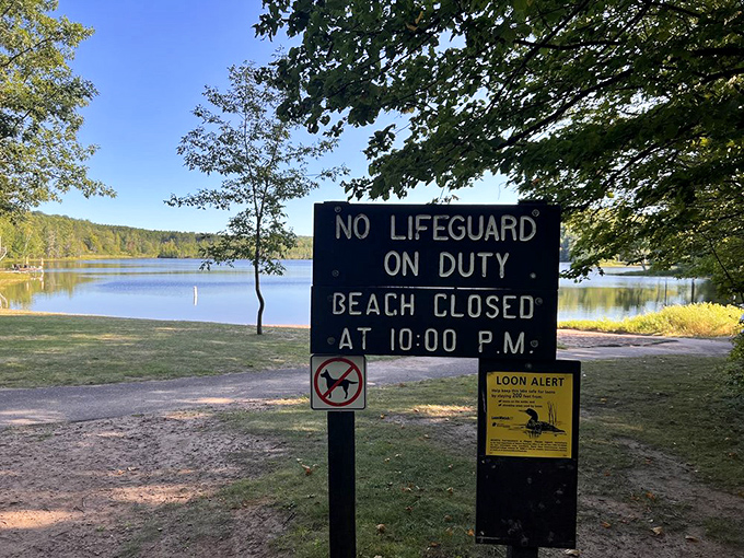 The lake's "No Lifeguard" sign is Wisconsin's way of saying, "We trust you, but that water's colder than your freezer at home."