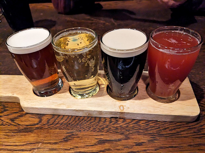 A flight of liquid happiness awaits the indecisive drinker – from amber ales to stouts dark as night, each sip complementing that legendary beef.
