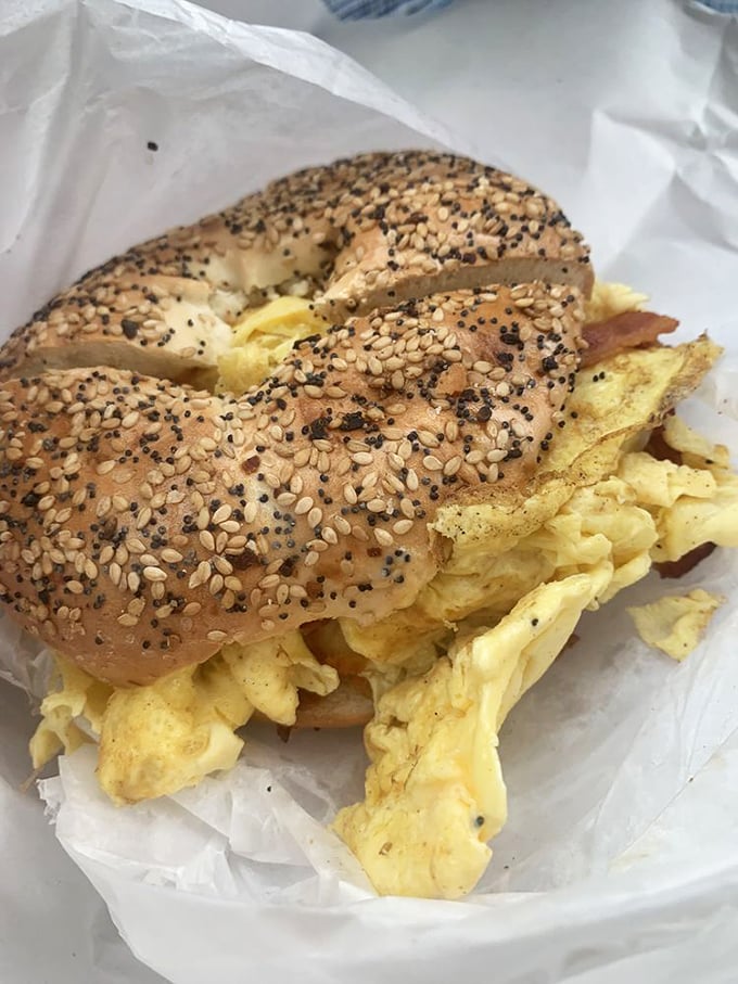 Breakfast sandwich perfection on a sesame bagel &ndash; proof that mornings don't have to be terrible if you start them right.