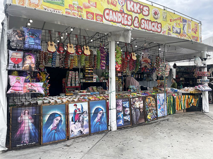 Not just a snack stand but a cultural crossroads where religious iconography meets candy, guitars, and everyday necessities.