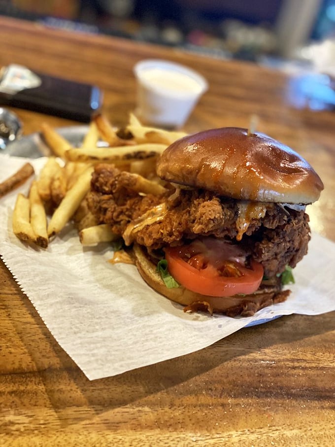 This isn't just a chicken sandwich; it's architecture. The golden-fried chicken and glossy bun create edible engineering at its finest.