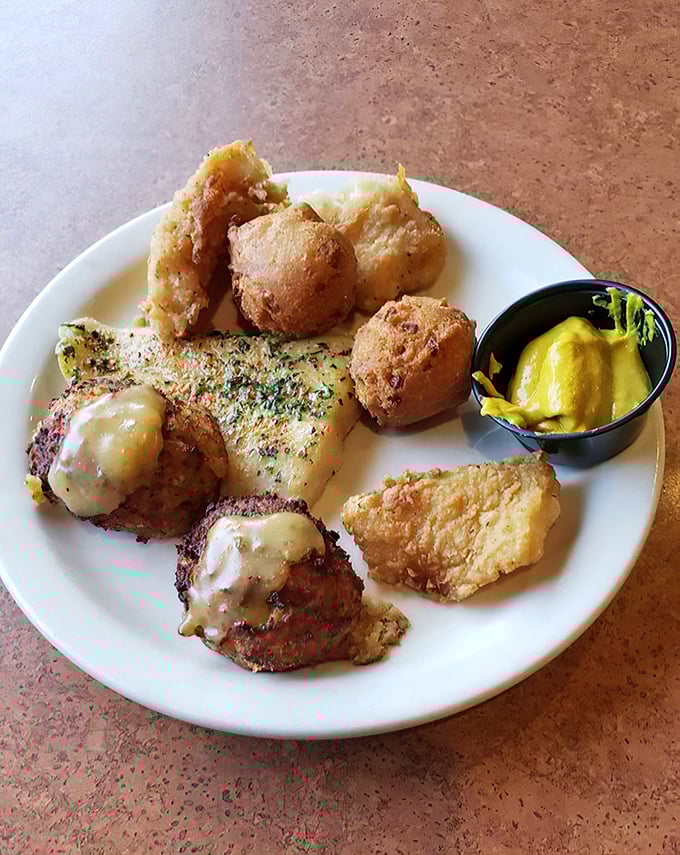 Seafood treasures that defy the buffet stereotype. These golden-fried delights make you forget you're miles from the coast, with mustard sauce as the perfect sidekick.