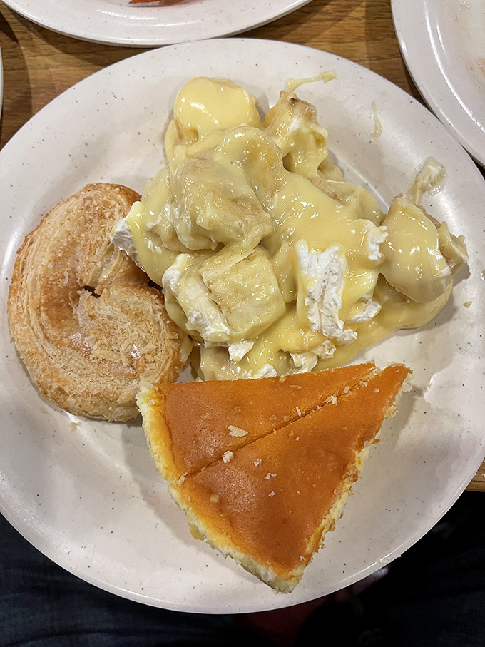 Dessert plate featuring pudding that's unapologetically yellow and cake that's perfectly content being simple. Comfort on a plate, Pennsylvania-style.