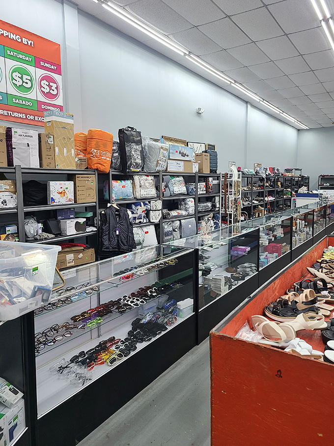 Eyeglasses, gadgets, and gizmos galore! The display case houses higher-value items that somehow escaped retail purgatory.