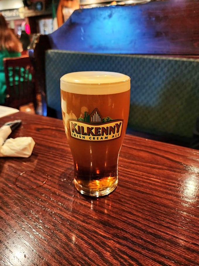 A perfectly poured Kilkenny Irish Cream Ale with its signature creamy head &ndash; liquid amber that tastes like Ireland's greatest hits in a glass.