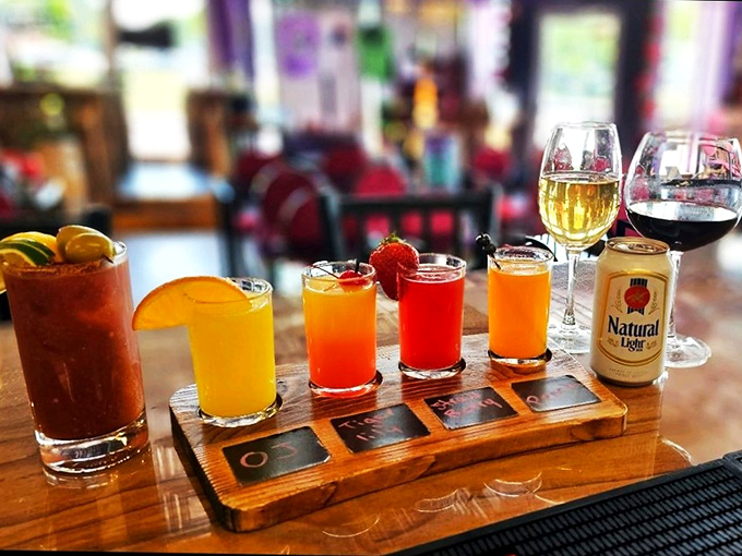 The drink flight arrives like liquid sunshine in glasses&mdash;mimosas and Bloody Marys that promise to make your morning just a little more wonderfully mad.
