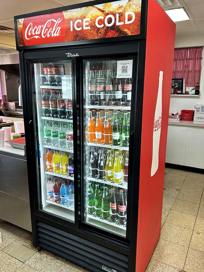 The soda cooler&mdash;a rainbow of sugary possibilities standing at attention, ready to wash down that perfect burger with ice-cold carbonated bliss.