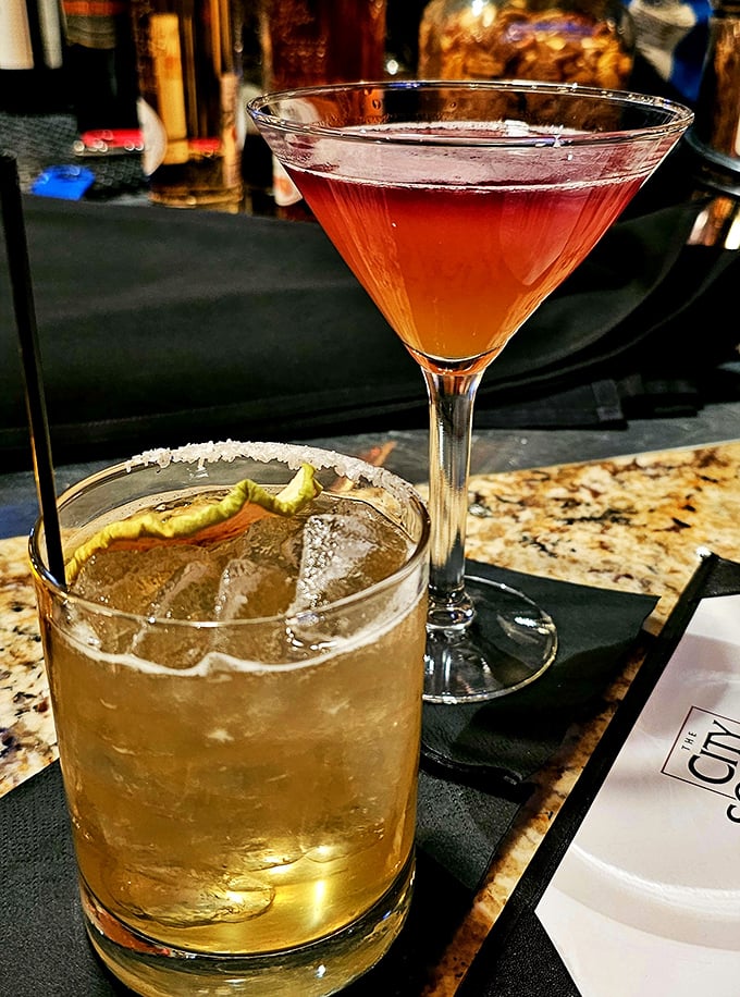 Cocktails that make you wonder why you ever settled for anything less. That Old Fashioned looks like liquid amber holding memories of better times.