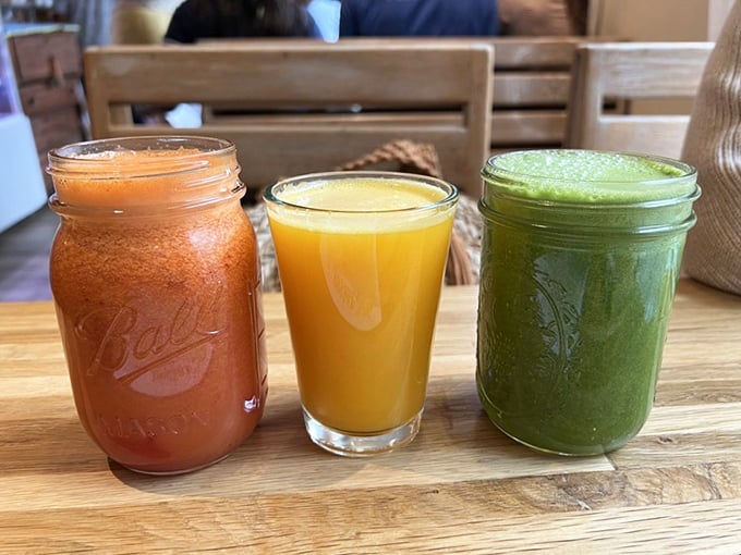 Three glasses of liquid sunshine that make you wonder why you ever settled for store-bought juice. The green one practically whispers "I'm good for you" with each sip. 