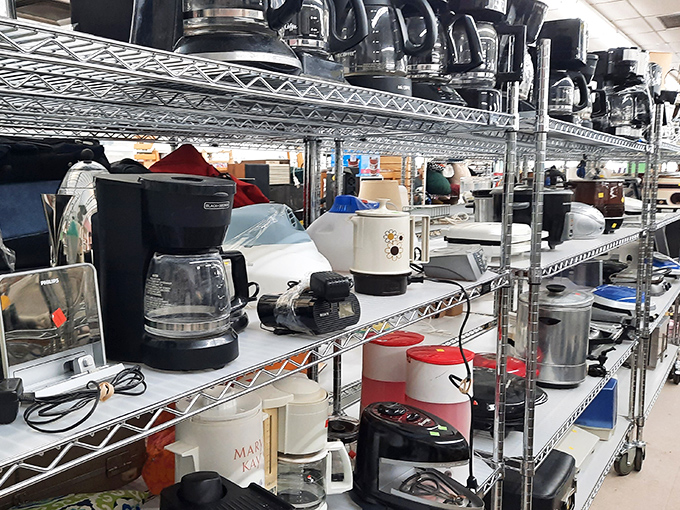 Coffee makers lined up like candidates at a caffeine election. "Pick me!" they silently plead. "I still have plenty of brew left in me!"