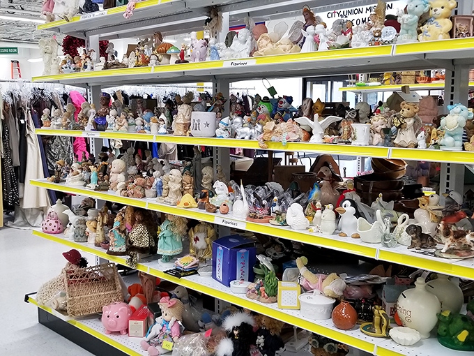 A menagerie of figurines stands at attention, like tiny sentinels guarding memories of decades past.