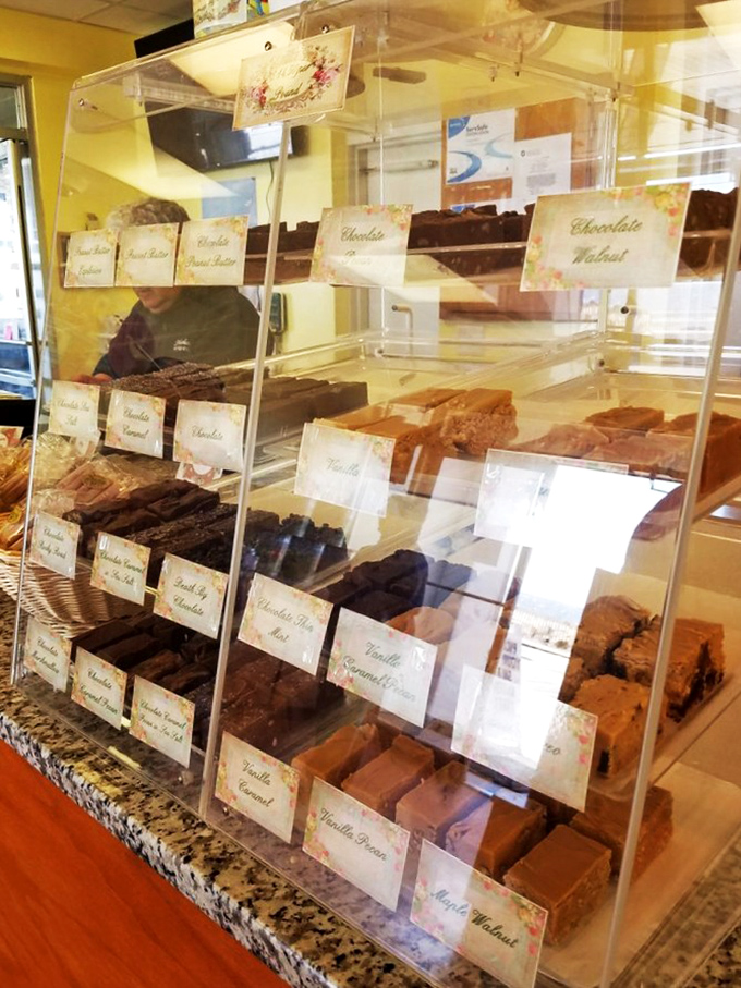 The fudge display &ndash; where adults suddenly remember what it felt like to be eight years old. Chocolate Walnut or Vanilla Caramel? Why choose?