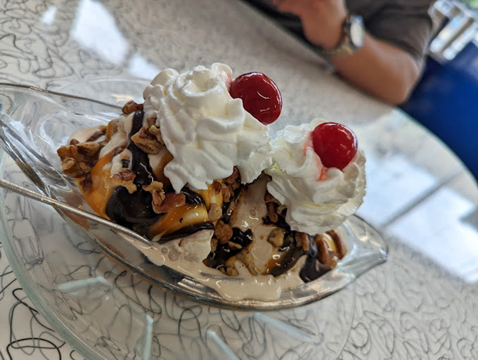 counter seating that invites you to belly up to the bar and order a double&mdash;scoop, that is. The blue stools are calling your name.