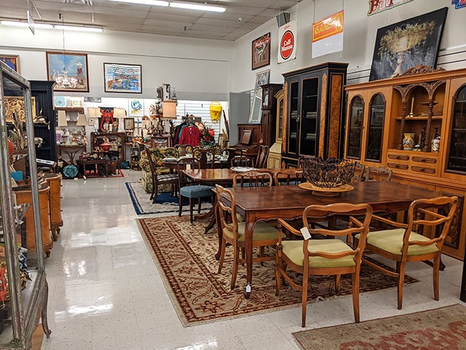 Elegant dining sets await their next dinner party. These chairs have probably hosted more interesting conversations than most social media platforms combined.