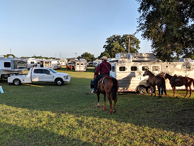 Where else but Texas can you see a cowboy casually riding between horse trailers? This isn't for tourists&mdash;it's just Tuesday in Lockhart.