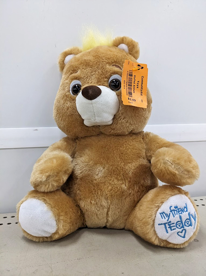 This teddy bear has seen things. Now with a fresh price tag, he's ready for a second chance at being someone's "My Friend Teddy." 