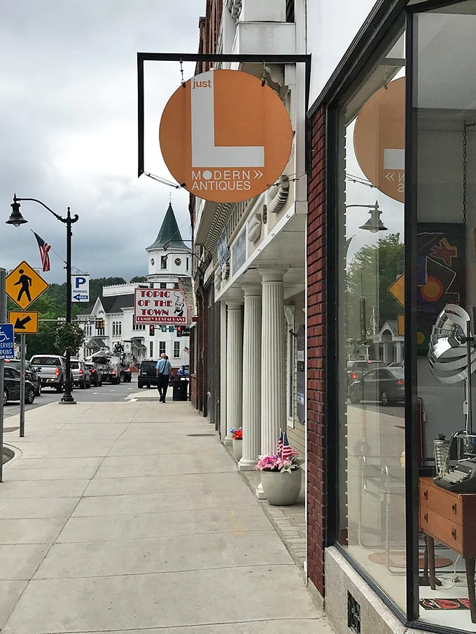 "Just L" modern antiques shop frames a perfect view of downtown Littleton. Yesterday's treasures with today's aesthetic&mdash;the best of both worlds.